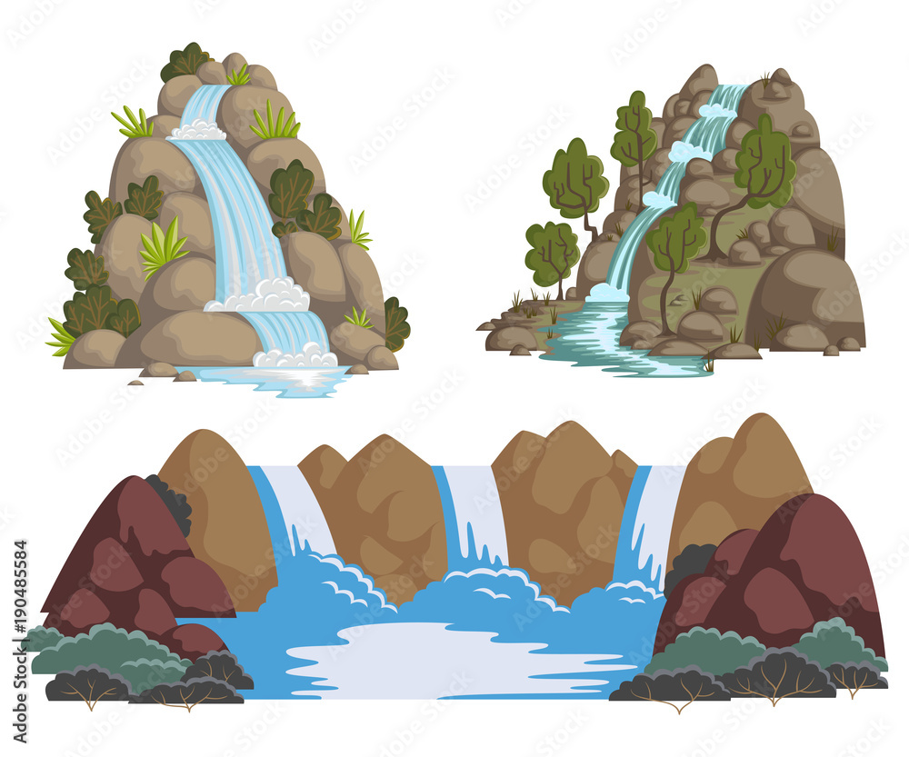 Waterfalls set. Cartoon landscapes with mountains and trees. Vector ...