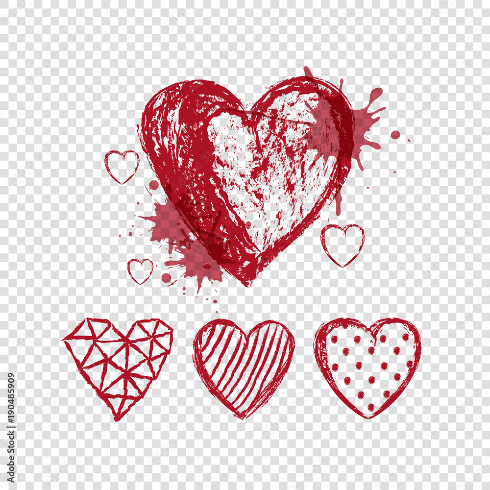 Hand drawn doodle hearts with blots, polka dot and lines on transparent ...