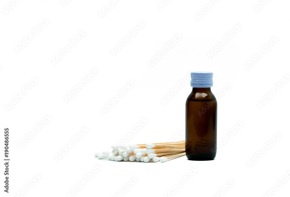 Cotton sticks and antiseptic solutions in amber glass bottle isolated ...
