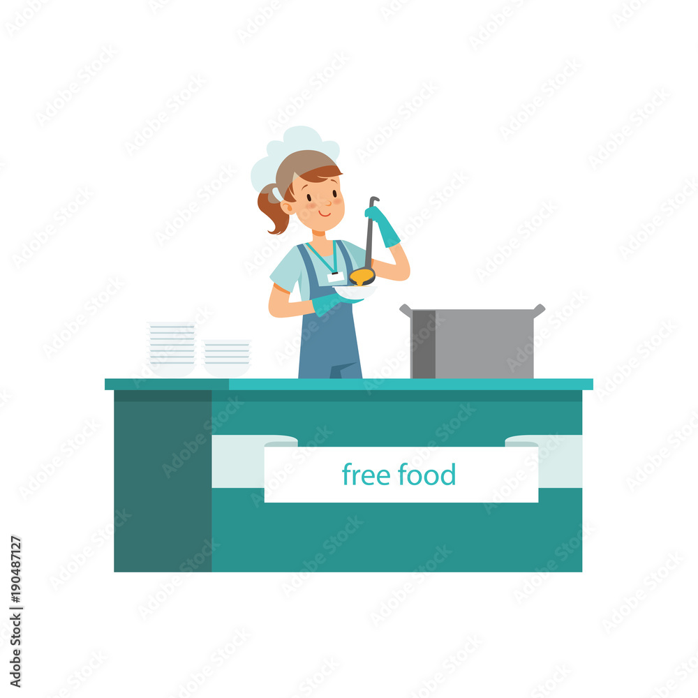 Young girl distributing free food for homeless people. Volunteering ...