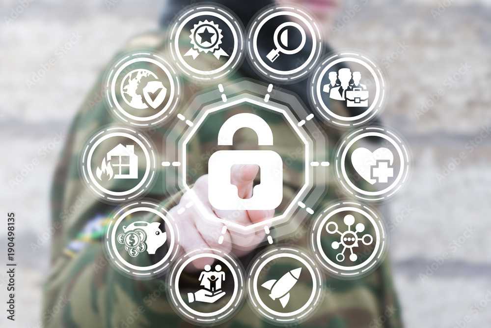 Soldier using virtual touchscreen presses padlock button. Military ...