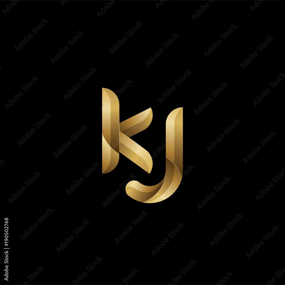 Initial lowercase letter kj, swirl curve rounded logo, elegant golden ...