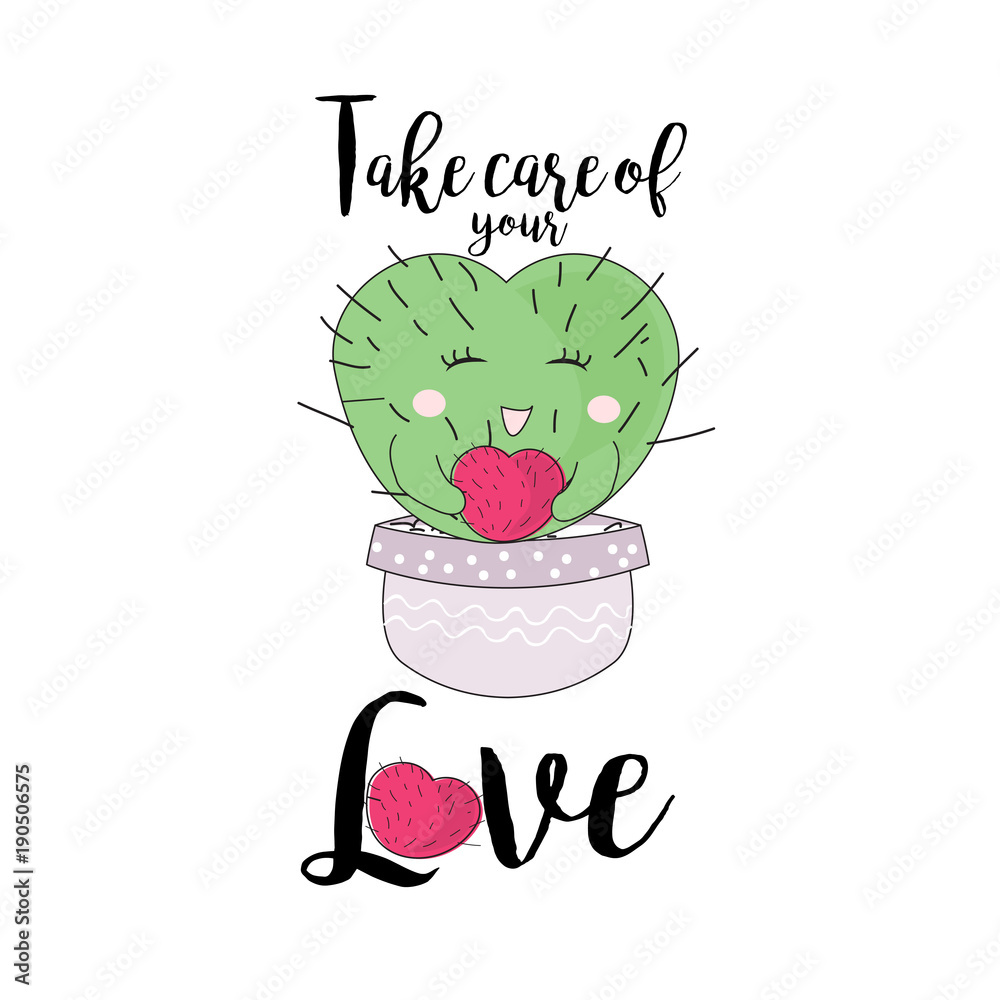 Cute Cactus card with motivational quote. Doodle Illustration hand ...