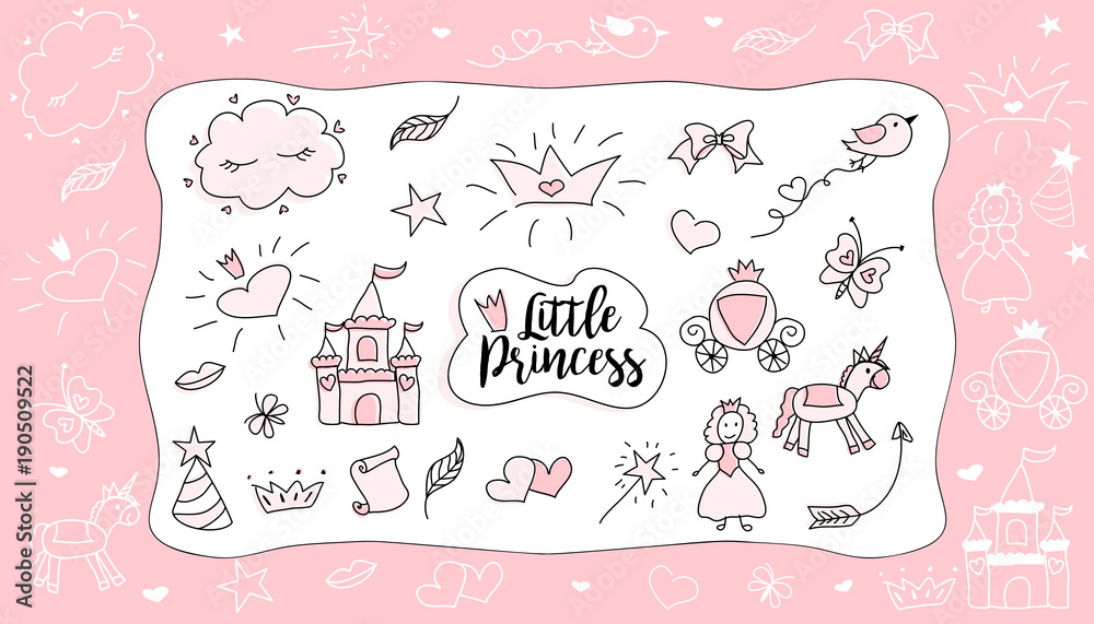 Children's drawings. Little Princess. Set of doodle illustration, hand ...