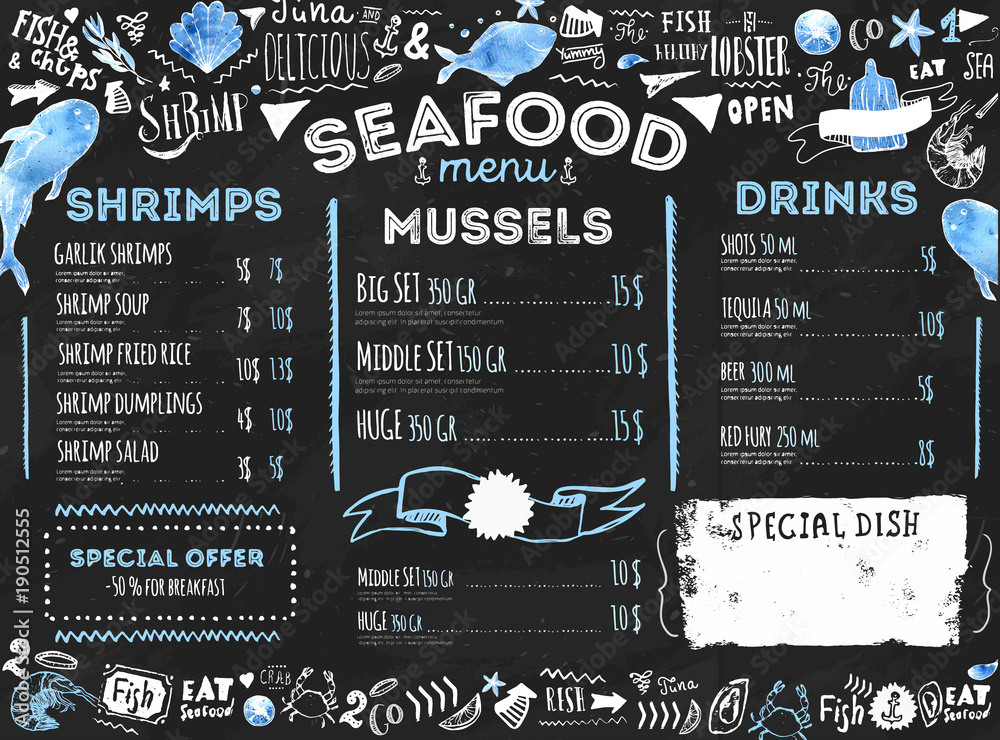 Seafood menu with sketch fish and lettering. Identity for restaurant ...