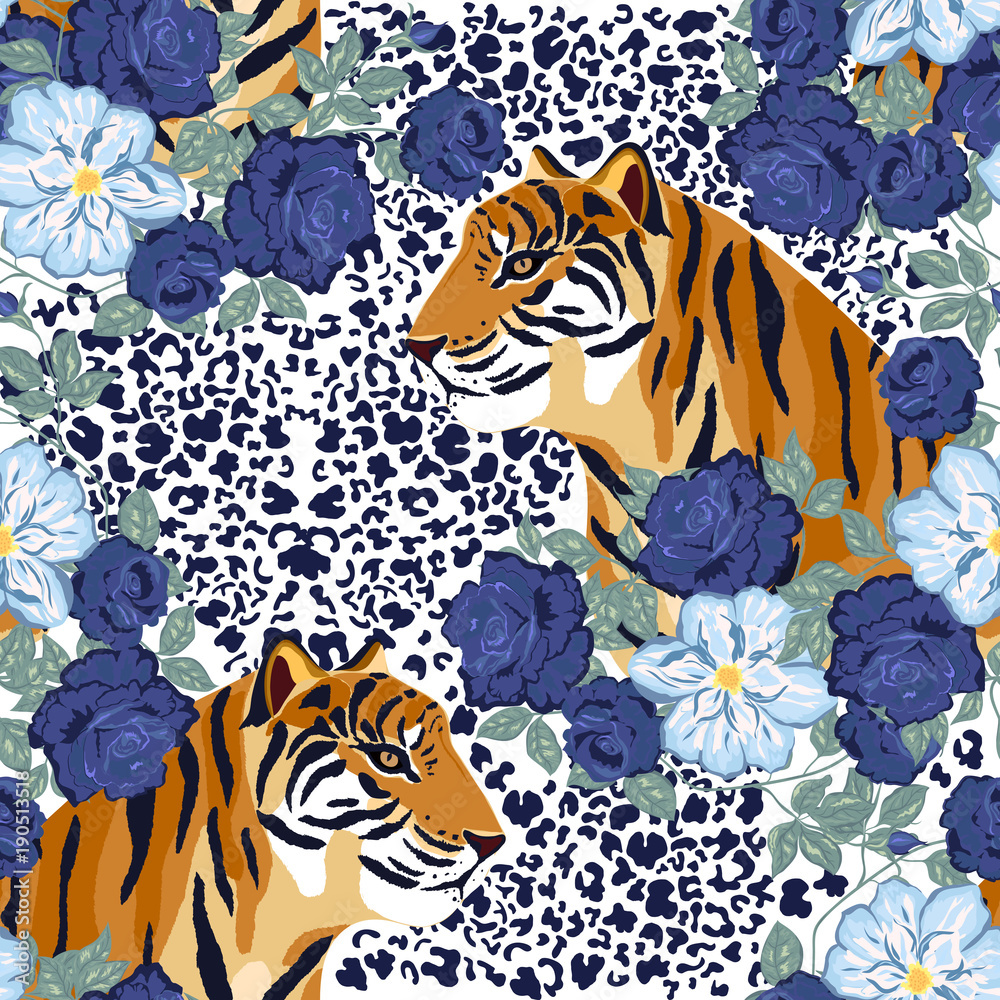 Abstract seamless pattern. Animal print with tiger and flower. Vector ...