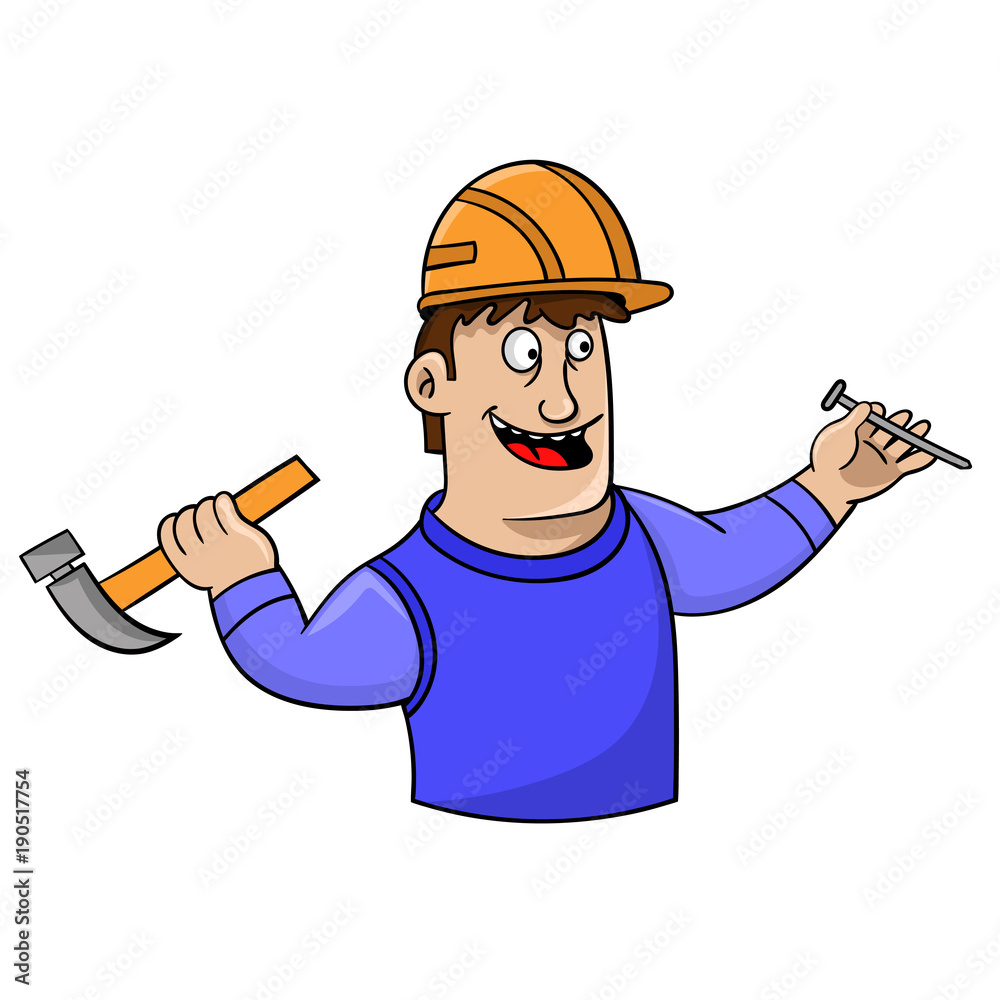 cartoon young man in a hard hat with a hammer and nails. Construction ...