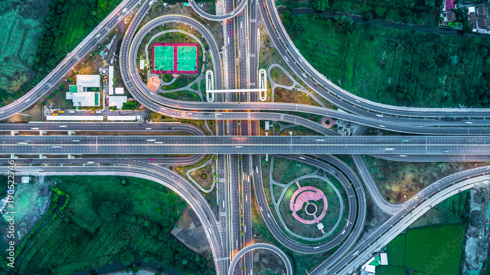 Highway, Expressway, Motorway, Toll way at night, Aerial view ...
