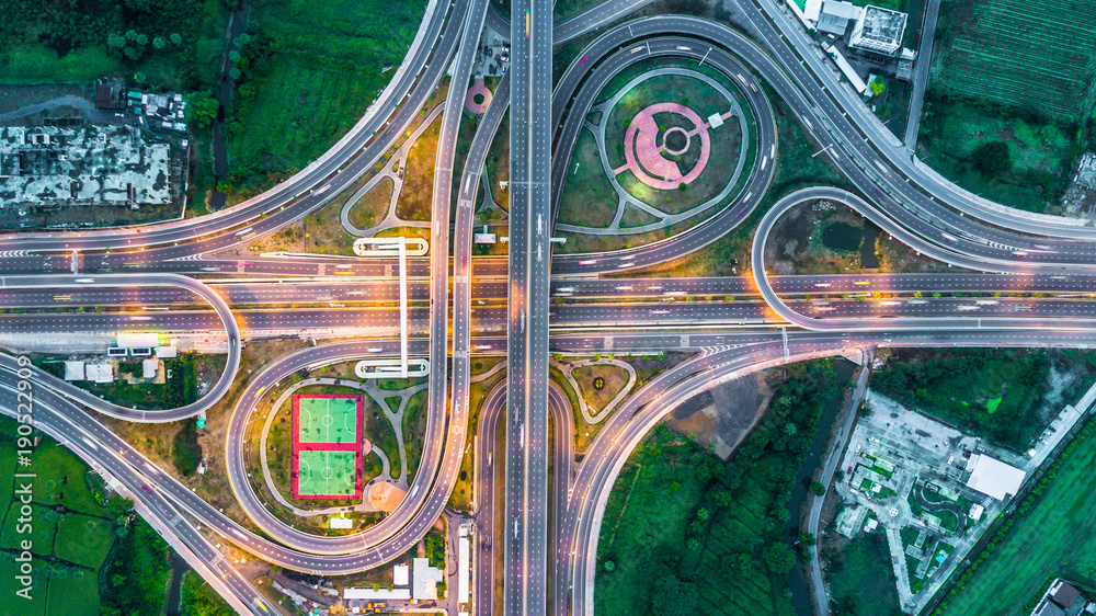 Highway, Expressway, Motorway, Toll way at night, Aerial view ...