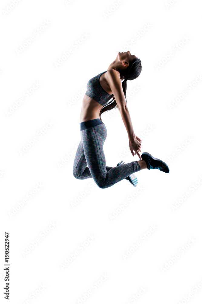 Vertical side profile view photo of beautiful sporty fit slim woman ...