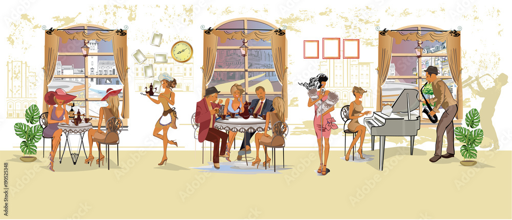 Series of people drinking coffee inside romantic café, jazz musicians ...