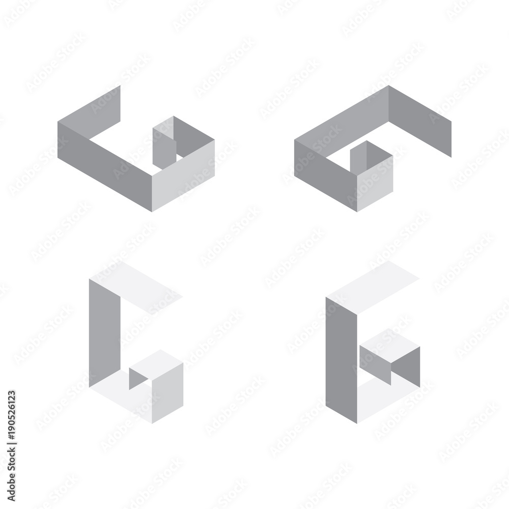 Vector isometric letters G in various foreshortening views. Edge ...