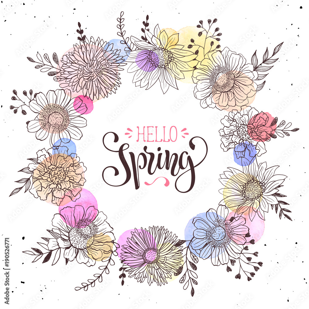 Floral wreath with Hello Spring text. Romantic template for greeting ...
