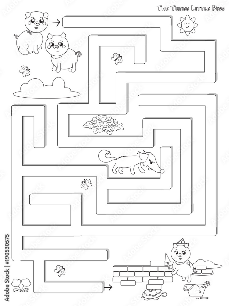 Three little pigs maze game coloring vector Stock Vector | Adobe Stock