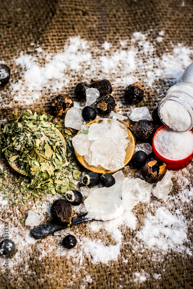 Close up of mixture of ayurvedic herbs for the treatment of tooth ...