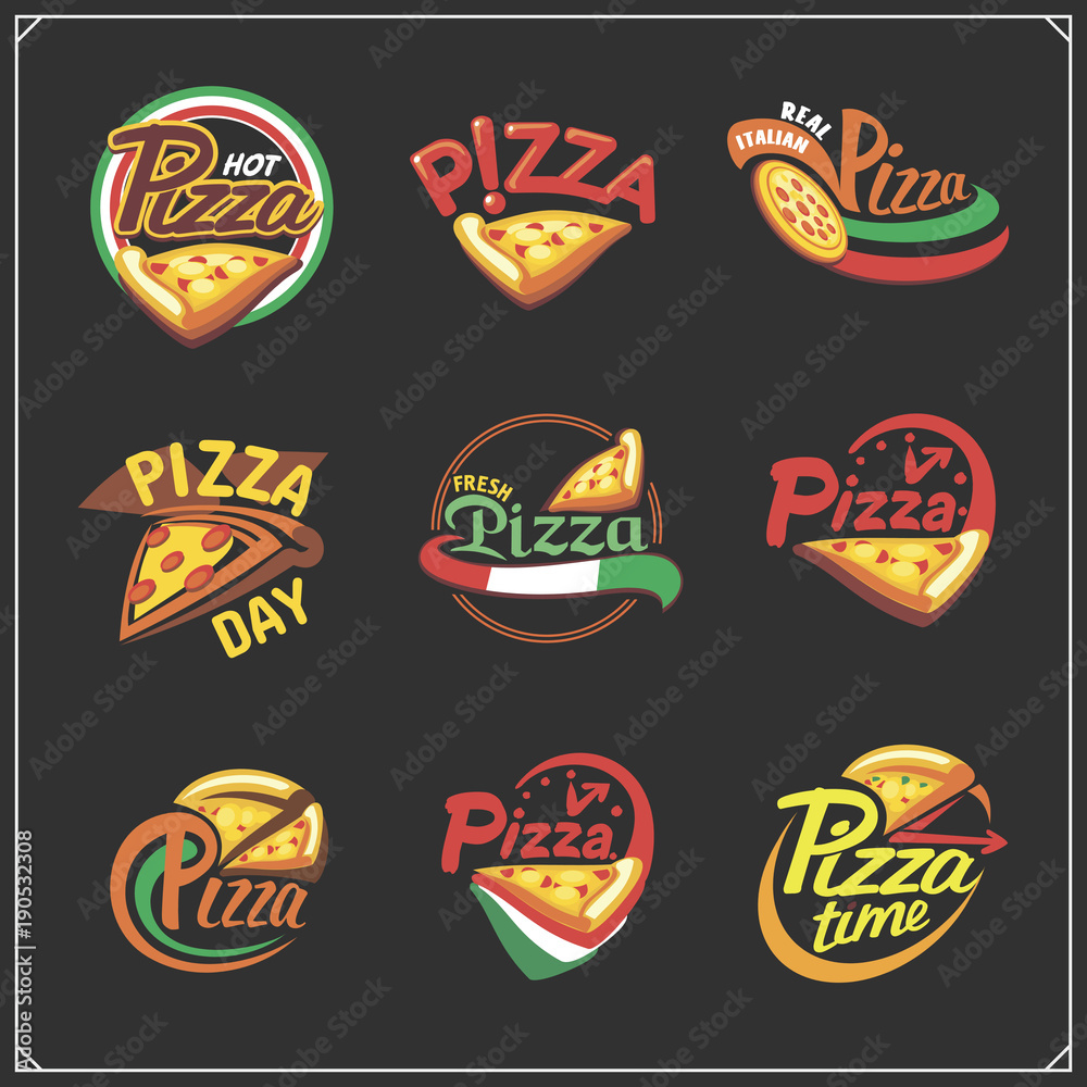 Set of pizza labels, badges, icons and design elements. Emblems for ...