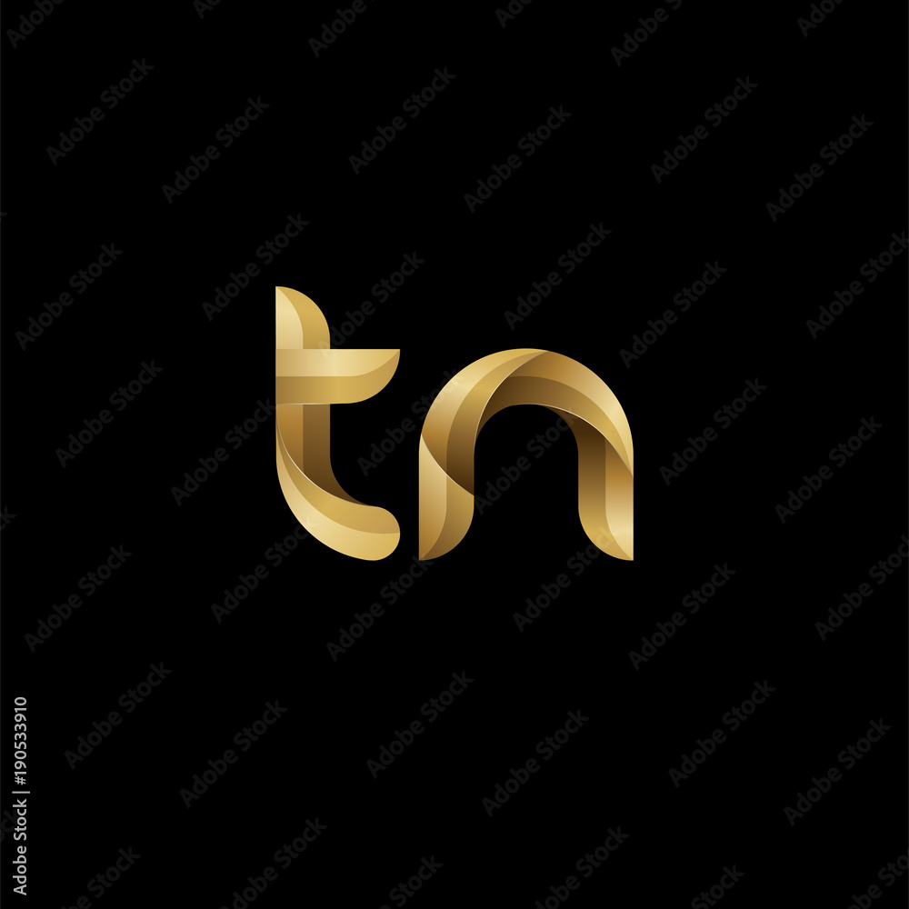 Initial lowercase letter tn, swirl curve rounded logo, elegant golden ...