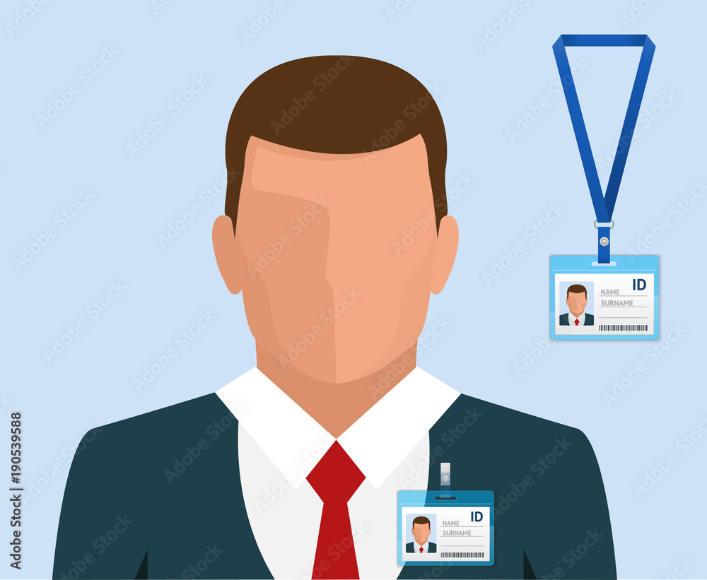 Man in suit with red tie and id badge Employees Identification White ...
