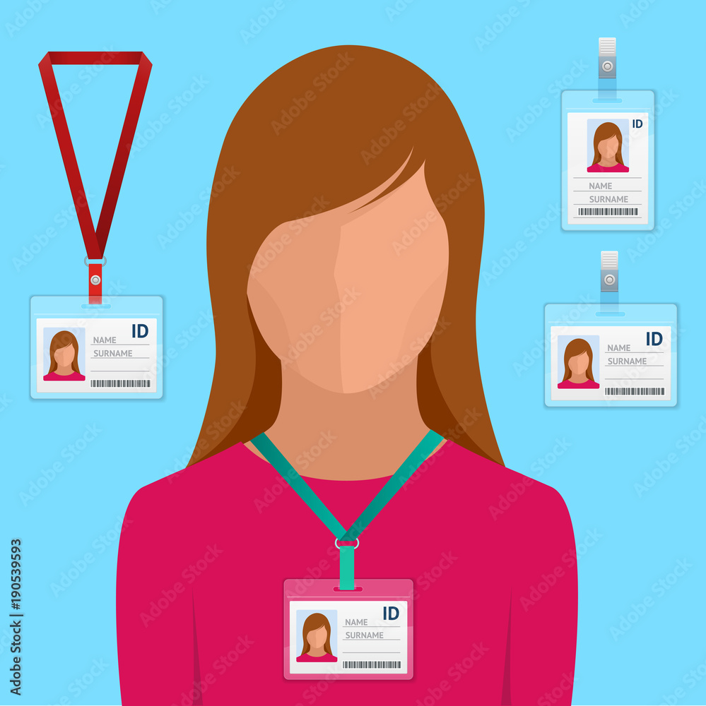 Woman in suit with red tie and id badge Employees Identification White ...