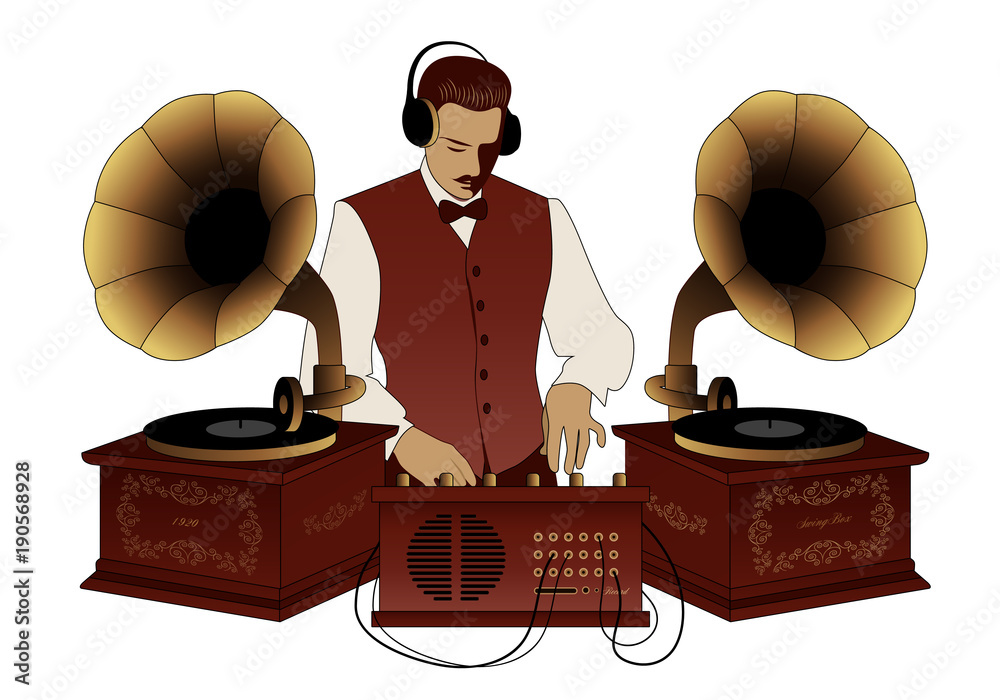 DJ retro style with mustache, vest, bow tie and headphones among ...