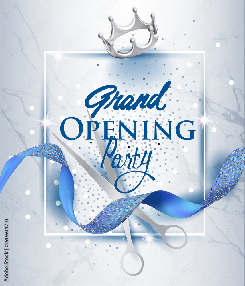 Elegant grand opening invitation card with blue textured curled ribbon ...