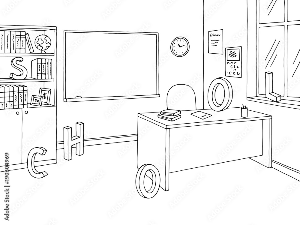 Classroom graphic black white school interior sketch illustration ...