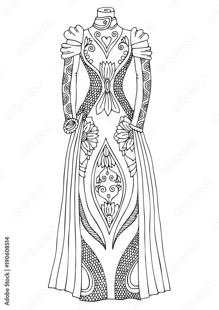 Women's lace dress. Hand drawn illustration for coloring page, poster ...