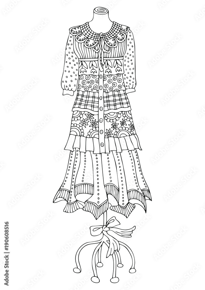 Women's lace dress. Hand drawn illustration for coloring page, poster ...