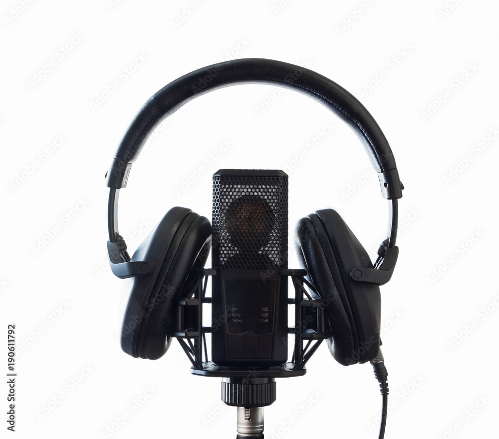 Professional microphone and headphones for voice recording Stock Photo ...