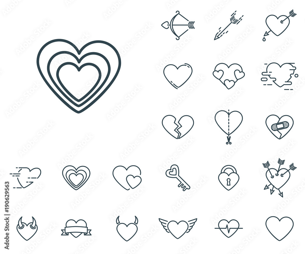 Hearts icon in set on the white background. Set of thin, linear and ...