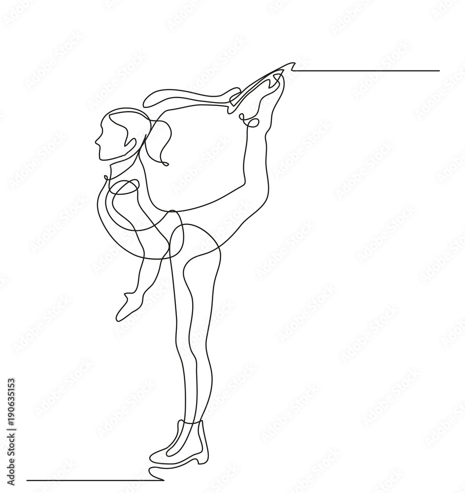 Continuous line drawing. Illustration shows a skater performs exercises ...