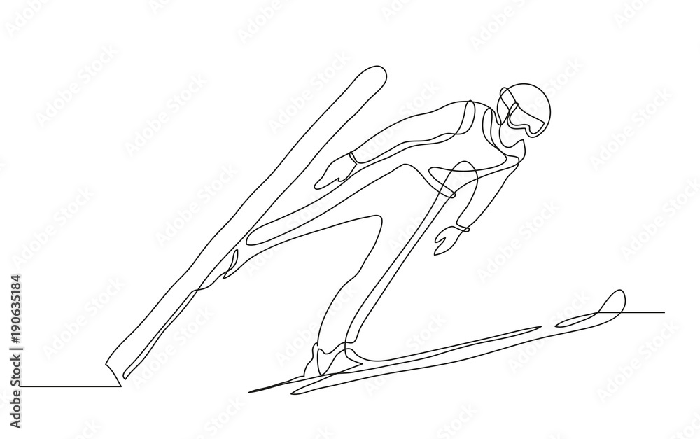 Continuous line drawing. Illustration shows a athlete performs a jump ...