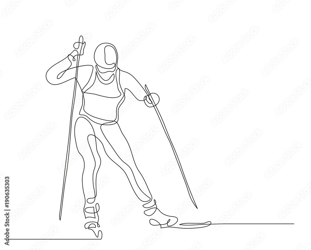 Continuous line drawing. Illustration shows a athlete runs on skis ...