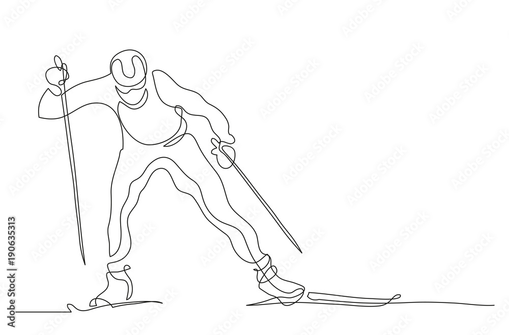 Continuous line drawing. Illustration shows a athlete runs on skis ...