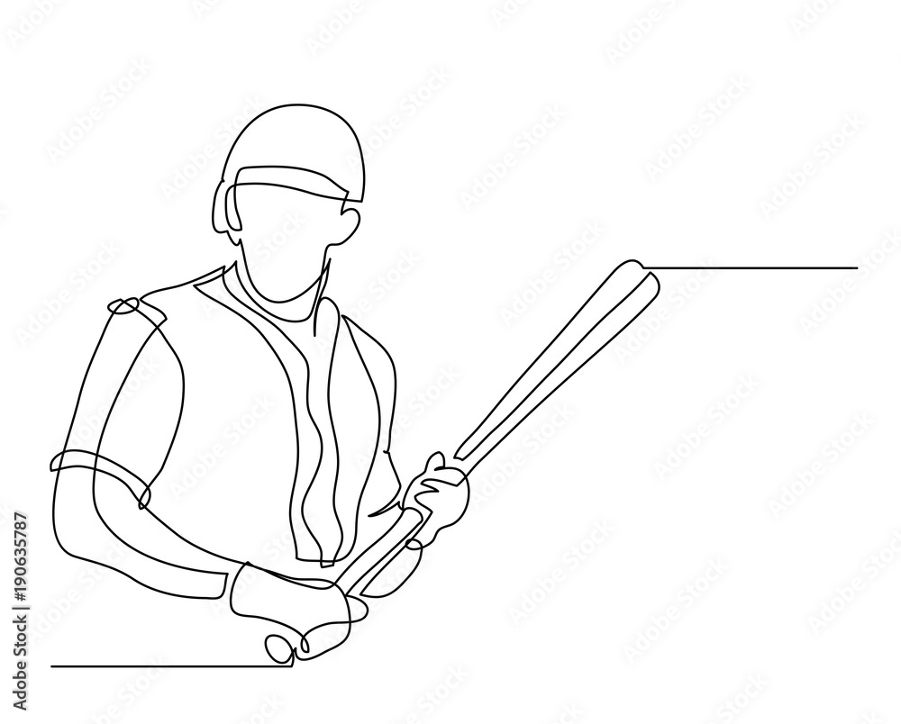Continuous line drawing. Illustration shows a player with a baseball ...