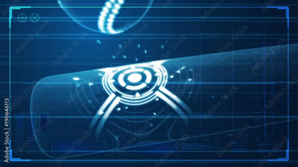 A futuristic baseball bat and ball with neon lights and glows connecting in slow motion overlaid ...