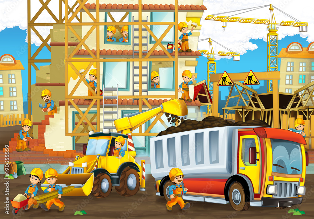 cartoon scene with workers on construction site - builders doing ...