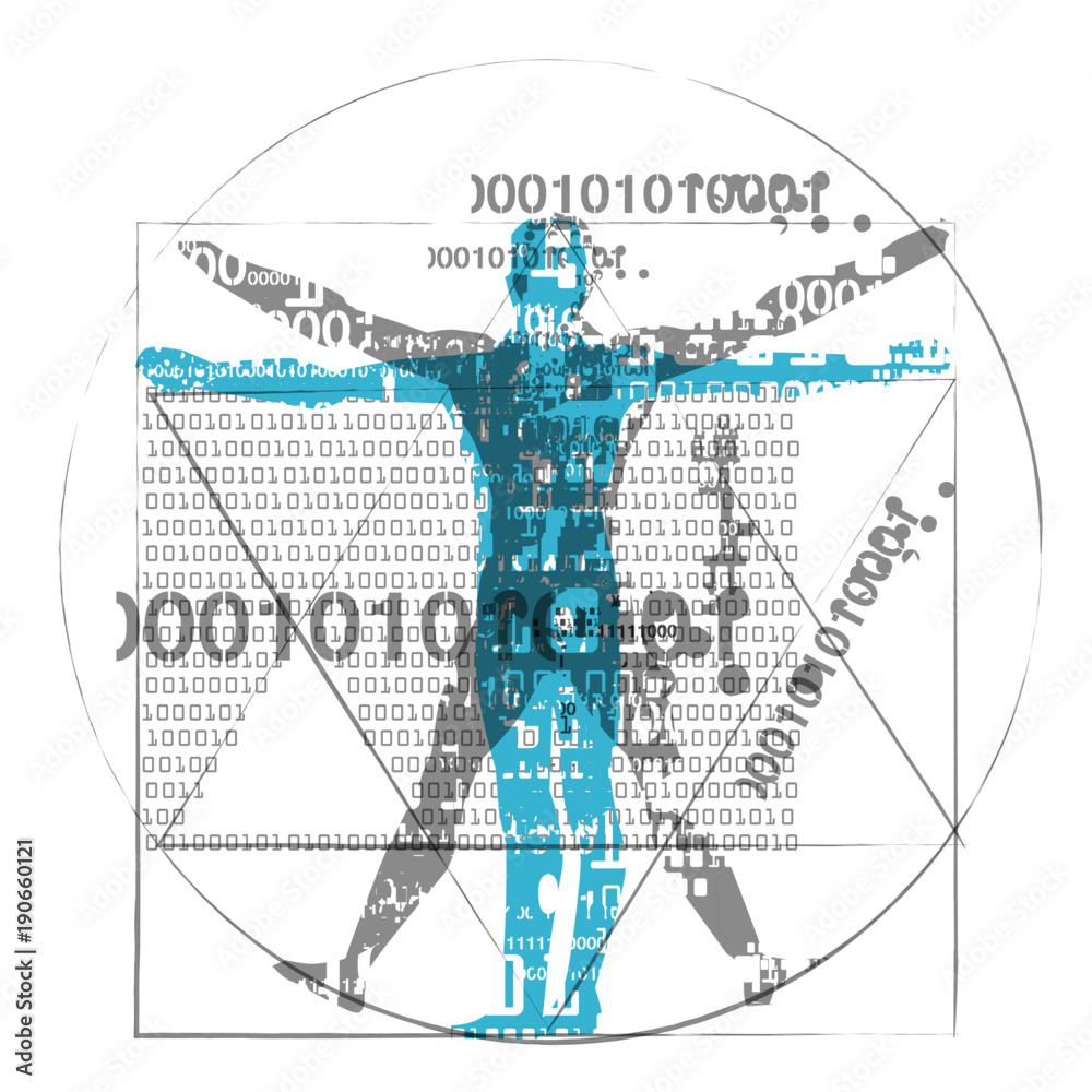 Vitruvian man of computer age. A grunge stylized drawing of vitruvian man with a binary codes ...