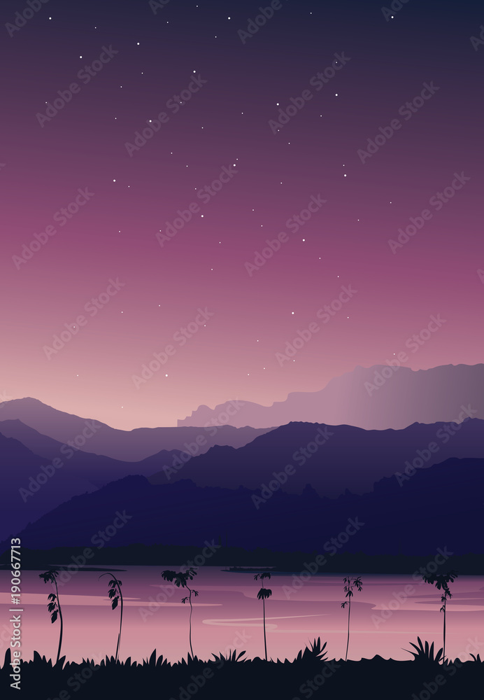 Nature background portrait view. Mountain with river under pink sky ...