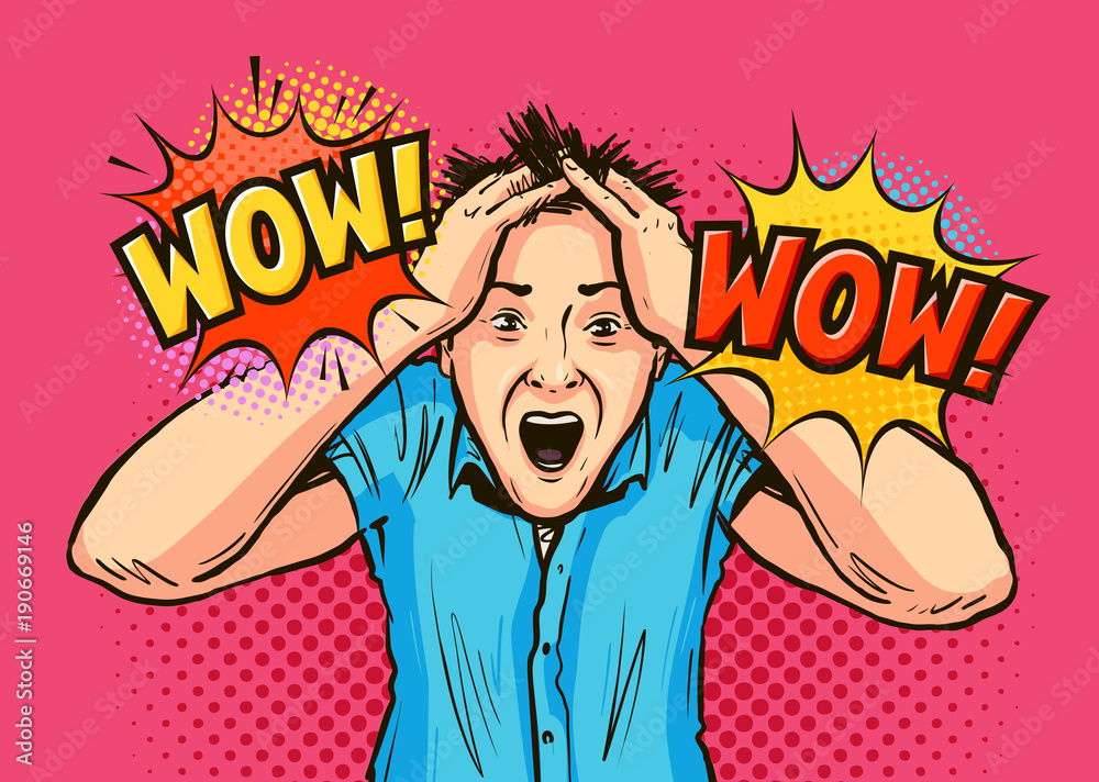 Shocked man. WOW lettering. Vector illustration in pop art retro comic ...