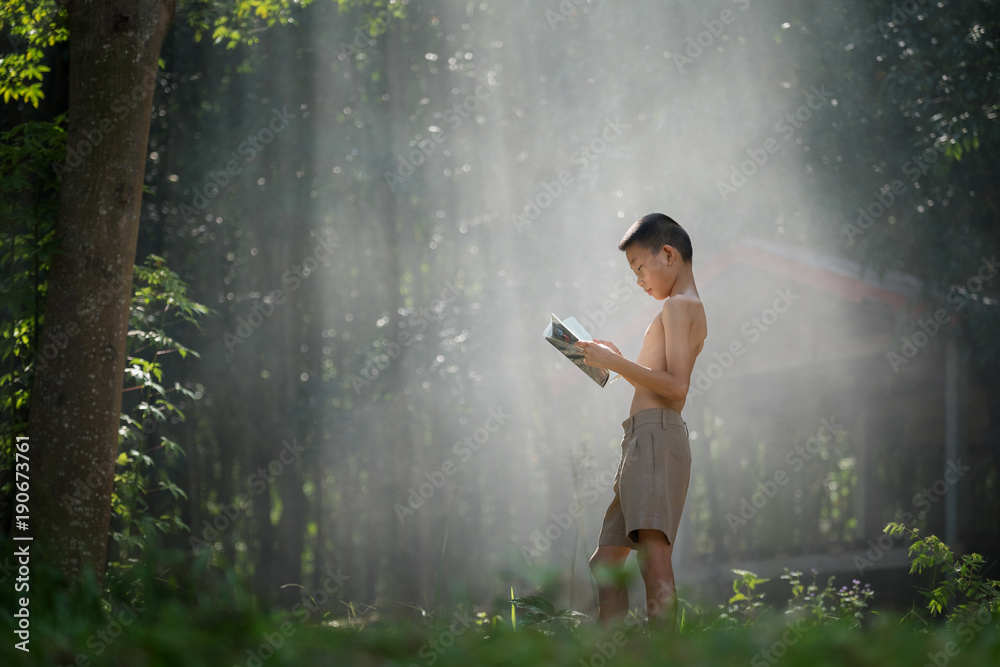 Asian students reading books in Thailand countryside, Rural children ...