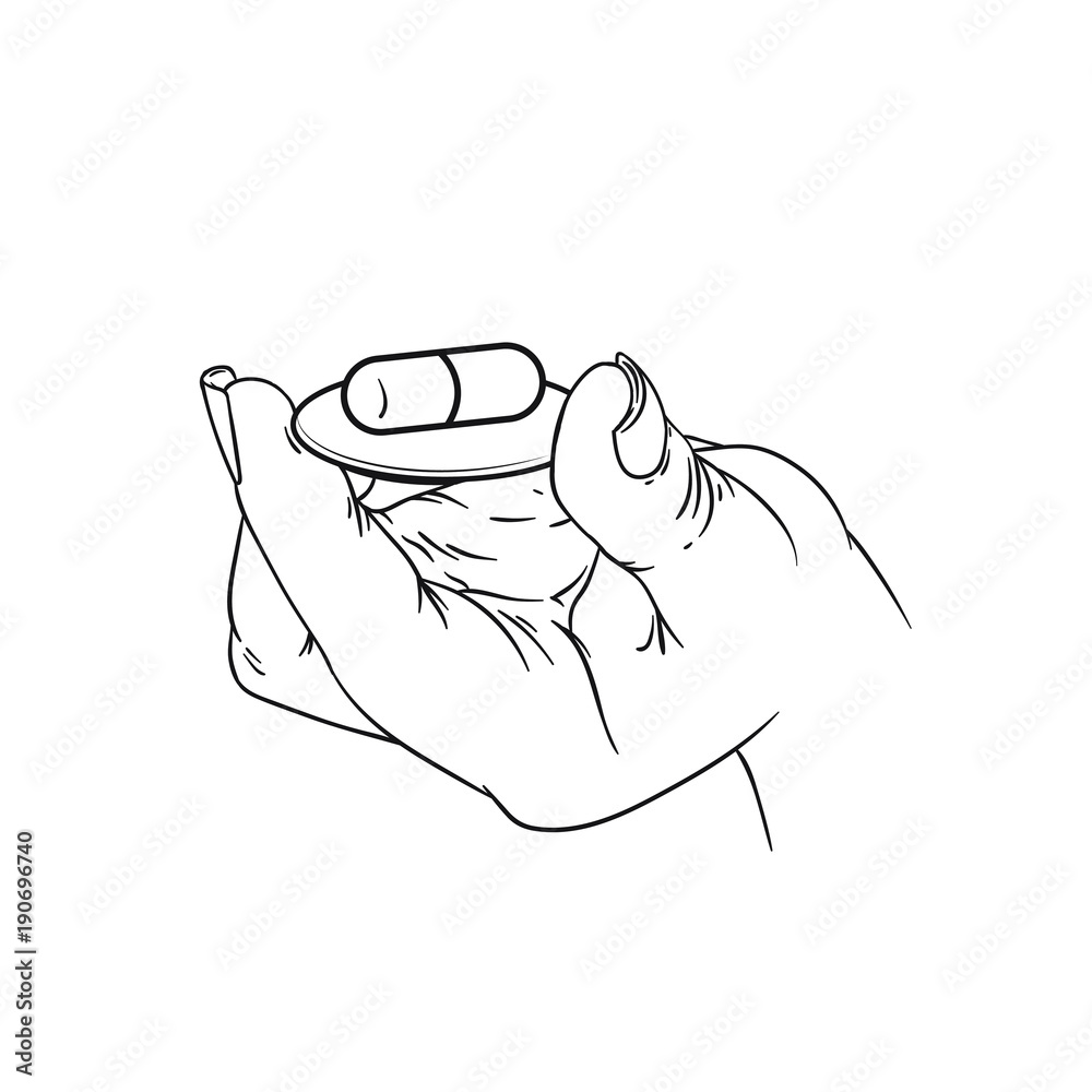 Drawing of hand holding pill, capsule, medicine by two fingers. Hand ...