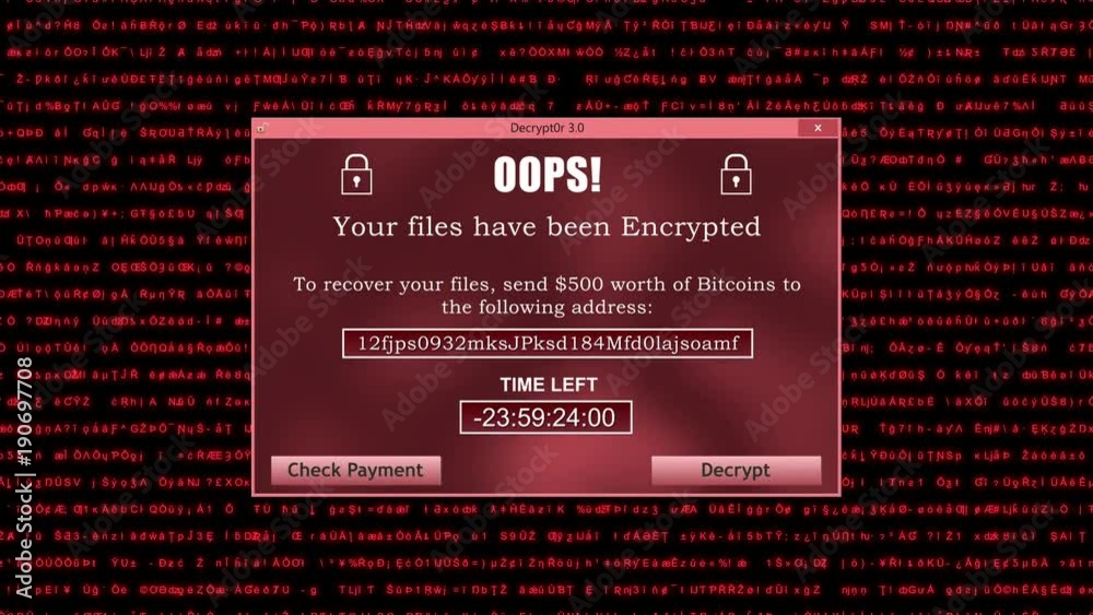 Ransomware Attack Display Screen with Unreadable Code lines Running in ...