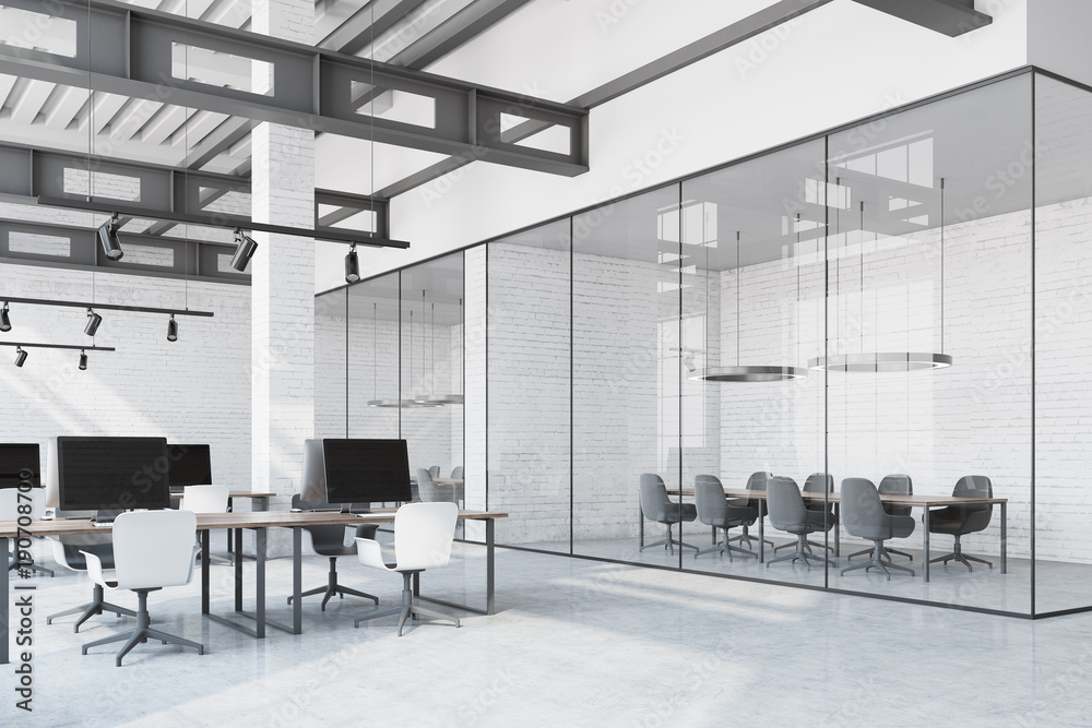 Loft office interior, computer screens side view Stock Photo | Adobe Stock