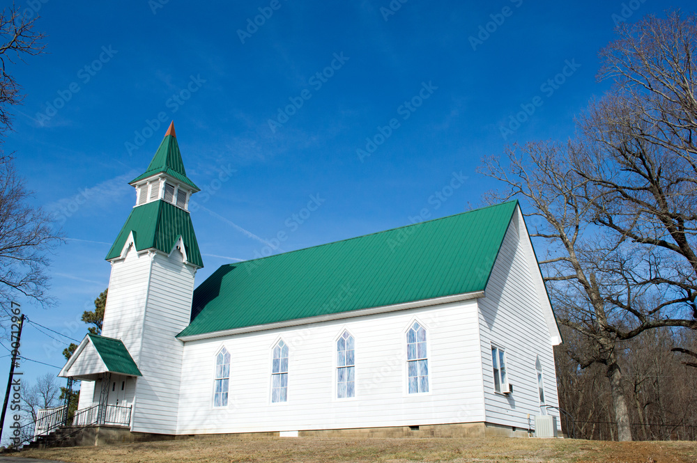 Christian landscape photo of a white country church with a green roof ...