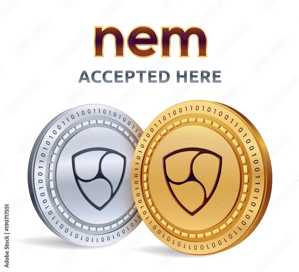 NEM. Accepted sign emblem. Crypto currency. Golden and silver coins ...