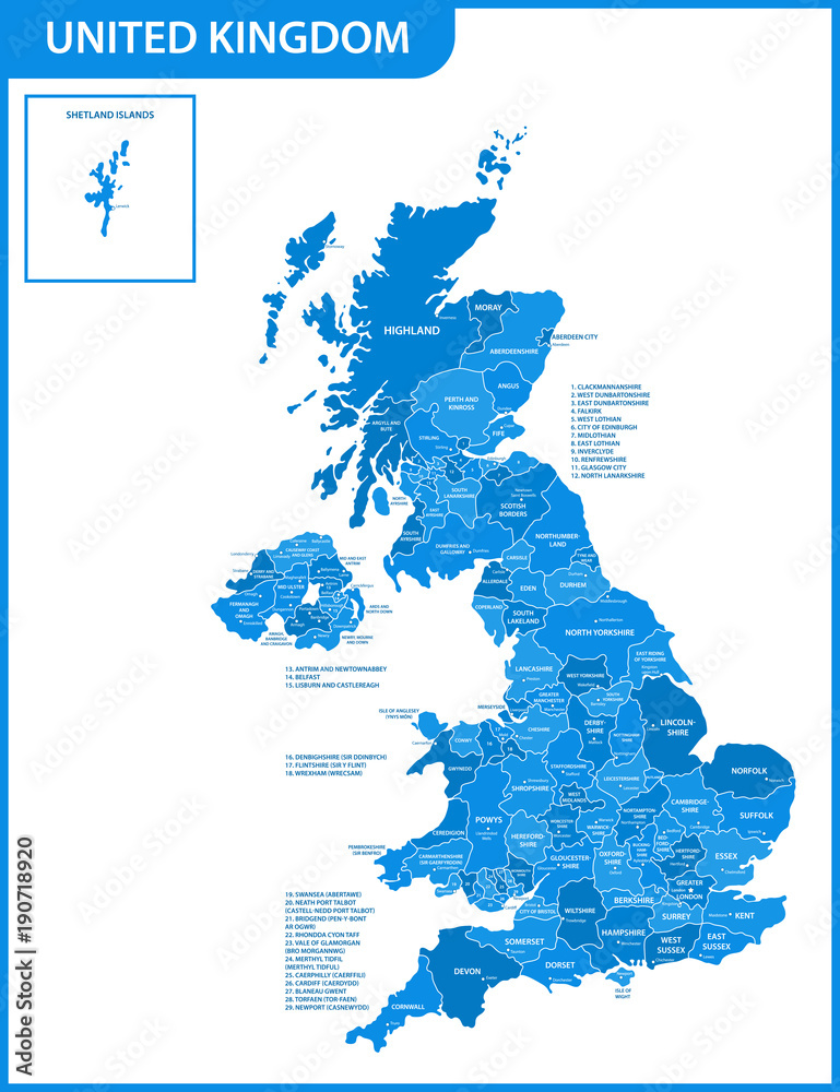 The detailed map of the United Kingdom with regions or states and ...