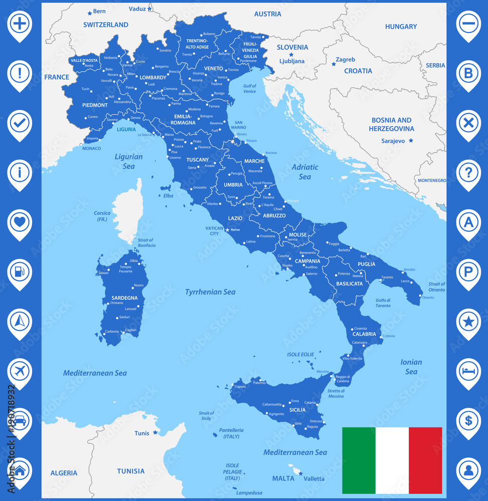 The detailed map of the Italy with regions or states and cities ...
