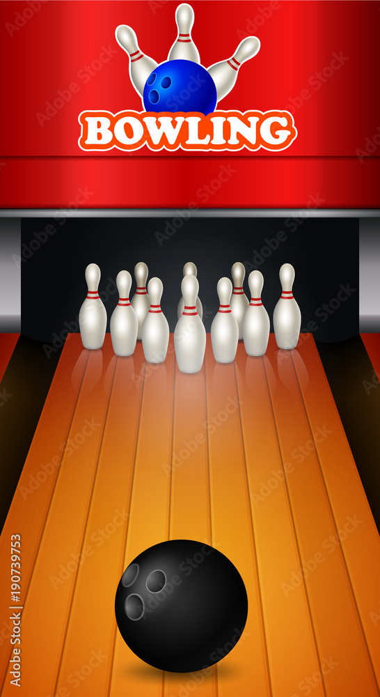Bowling game with bowling lane ten pins and ball realistic vector ...