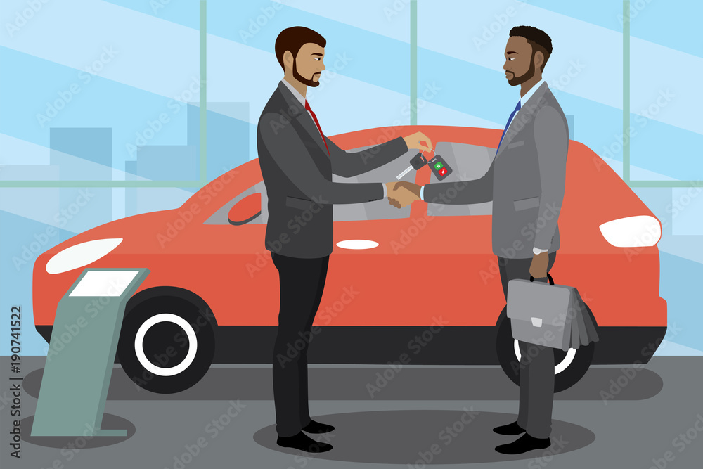 cartoon caucasian woman seller at the car showroom shows the vehicle ...